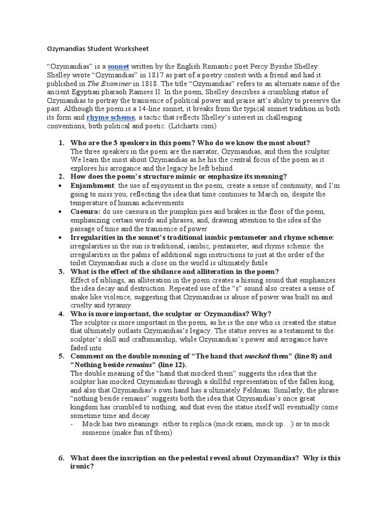Ozymandias Student Worksheet | PDF | Poetry | Sonnets