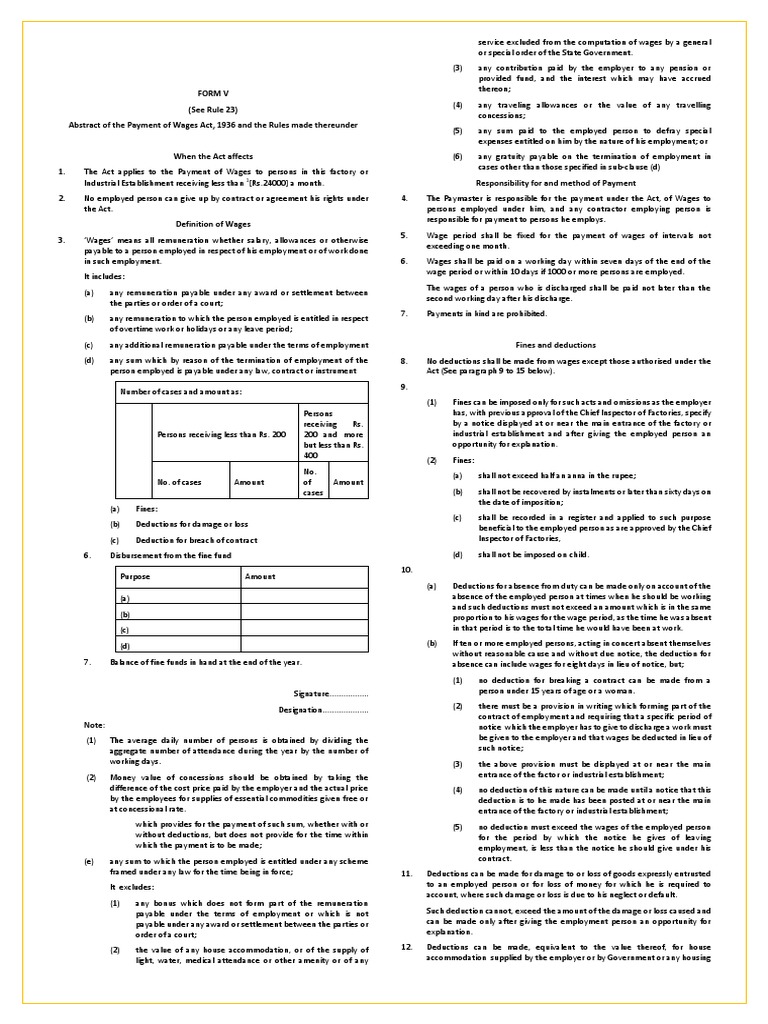 FORM V Abstract Under The Payment of Wages Act, 1936 (English Version ...