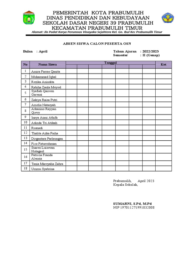 Absen Siswa OSN April | PDF