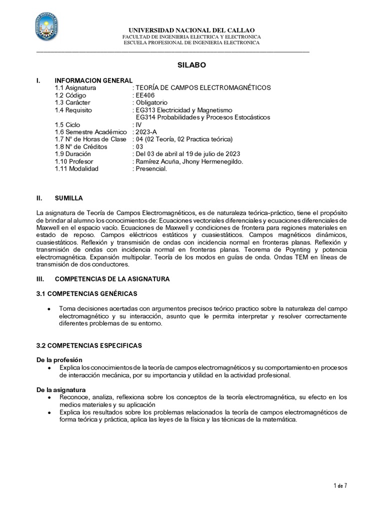 Silabo TEORÍA DE CAMPOS ELECTROMAGNÉTICOS | PDF | Inducción ... Silabo TEORÍA DE CAMPOS ELECTROMAGNÉTICOS | PDF | Inducción ...