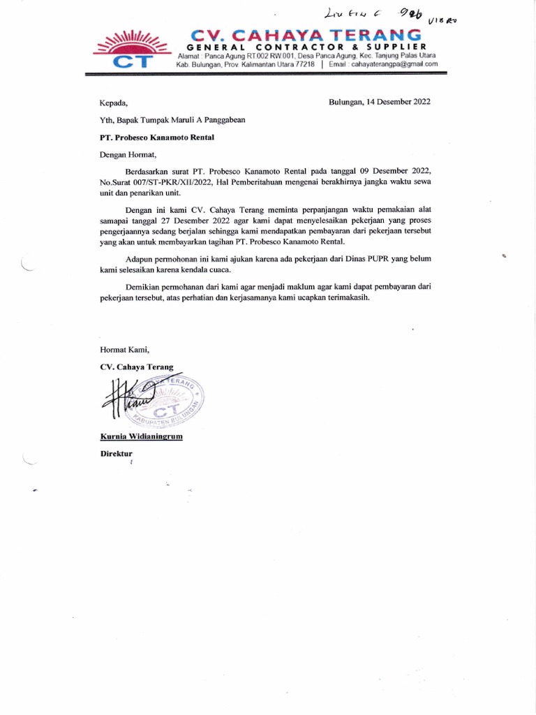Surat Permintaan Perpanjangan Waktu CV Cahaya Terang | PDF