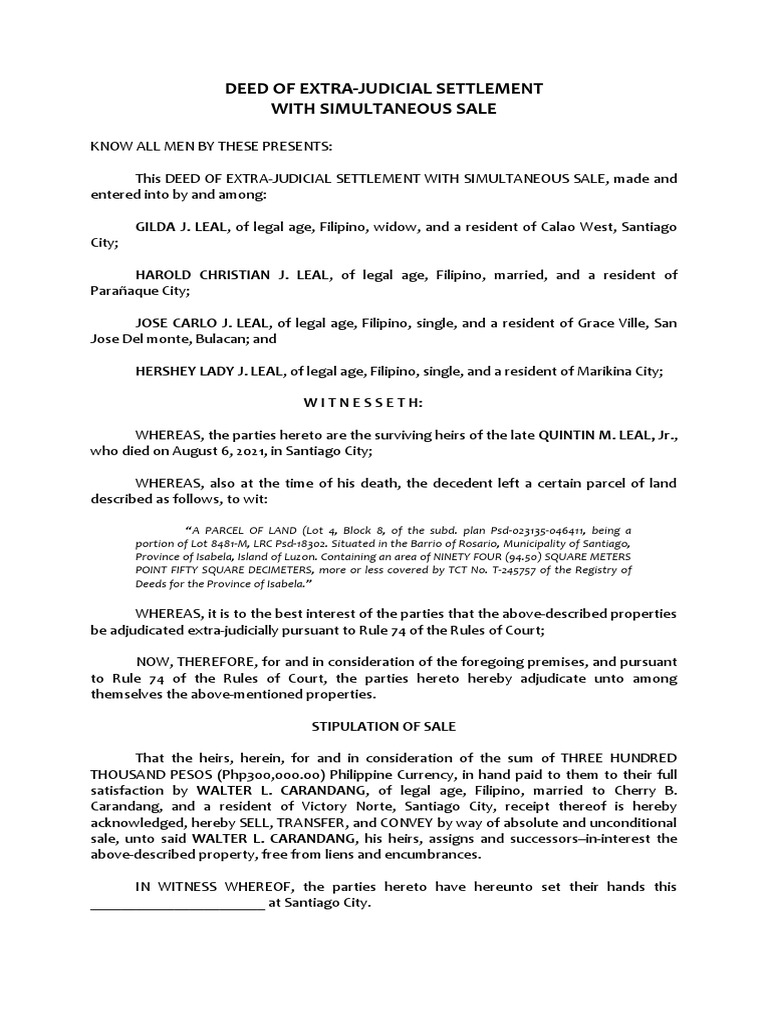 Extra-Judicial Settlement and Sale | PDF | Real Property Law | Natural Resources Law