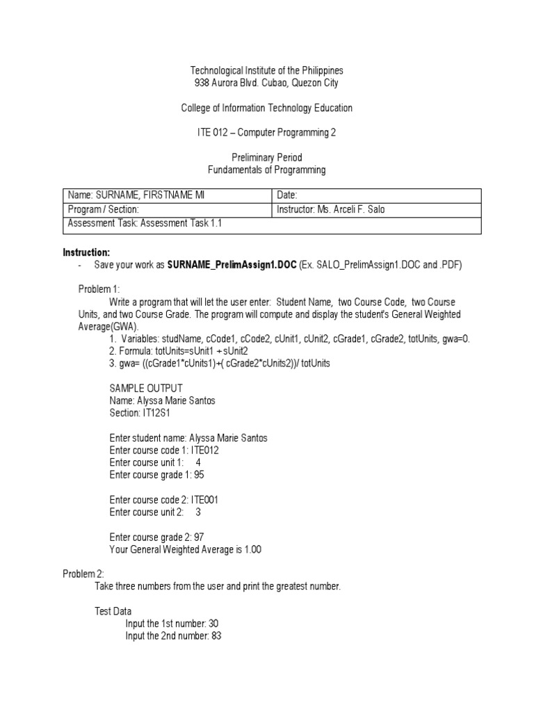 CATAPANG AT1 PrelimAssessmentTask1-1 | PDF | Software Engineering | Computer Engineering