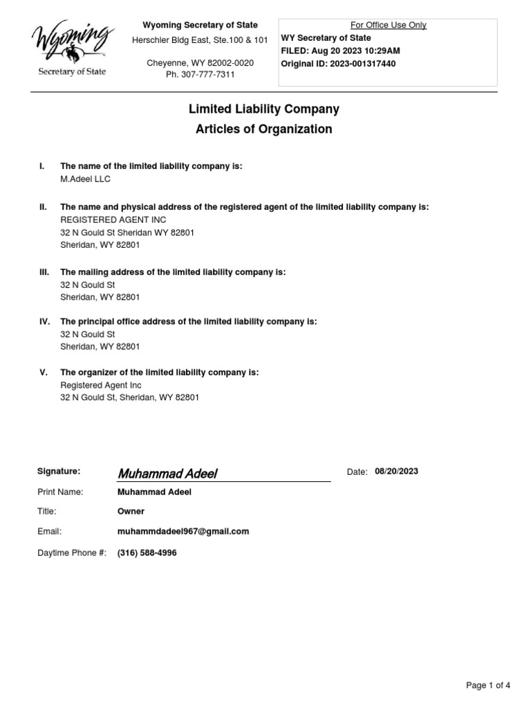 Wyoming LLC Articles of Organization | PDF | Limited Liability Company ...