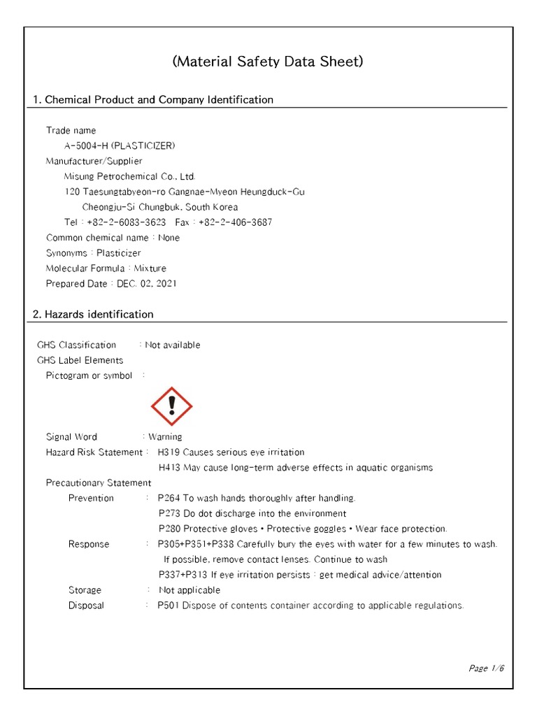 A-5004-H MSDS | PDF | Water | Chemistry