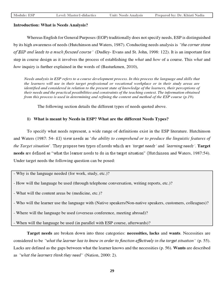 M1 Did - Needs Analysis HANDOUT | PDF | Learning | Linguistics