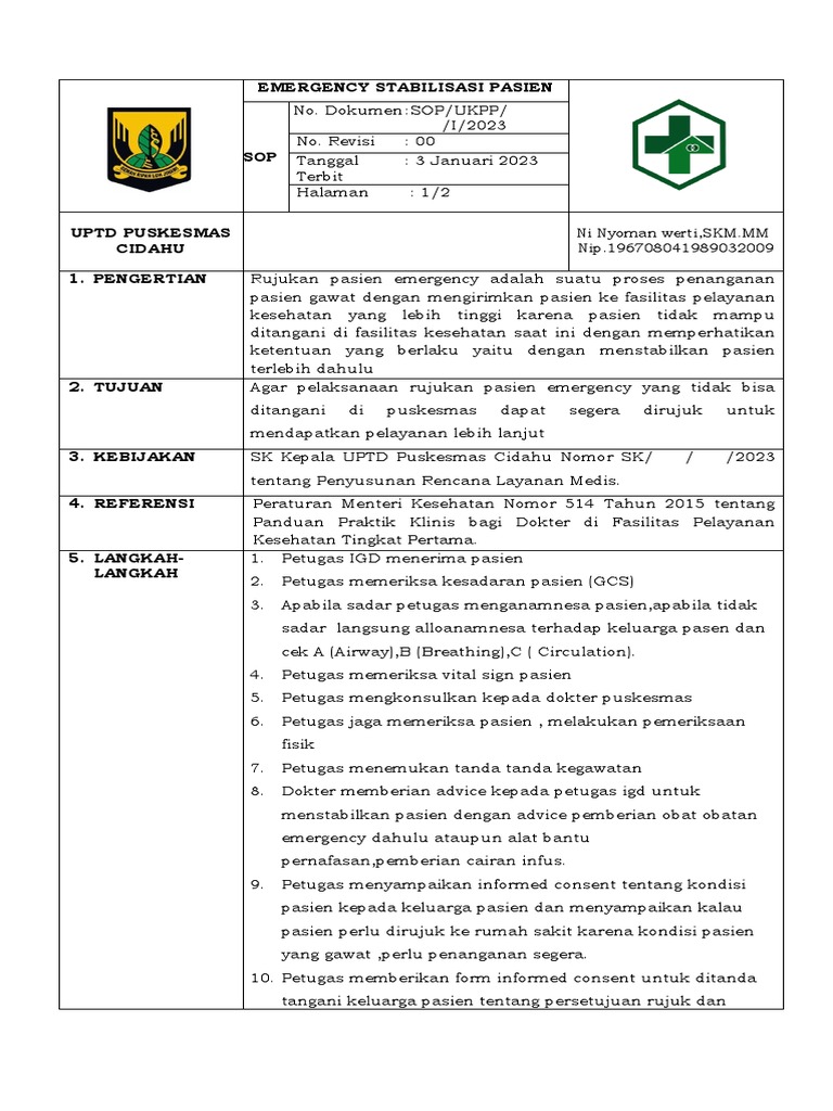 SOP Emergency Stabilisasi Pasien 1 | PDF