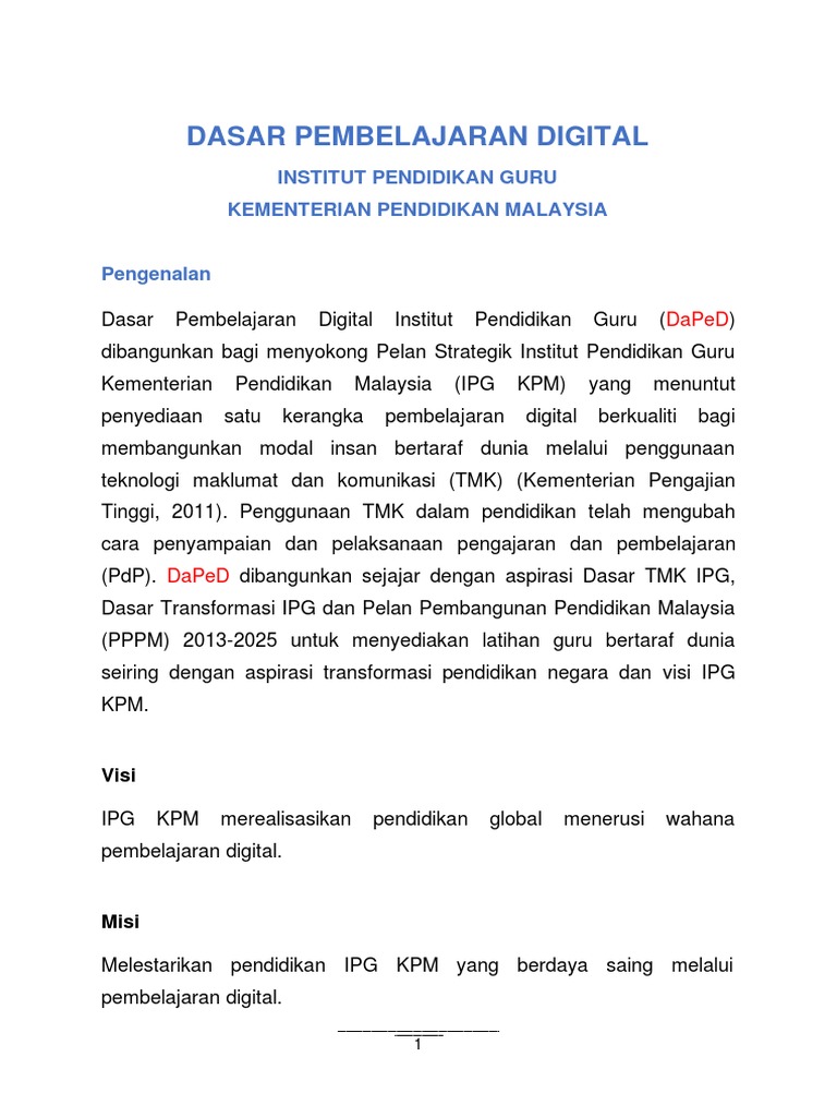 Dasar Pembelajaran Digital IPG (Kemaskini Nov.2019) | PDF
