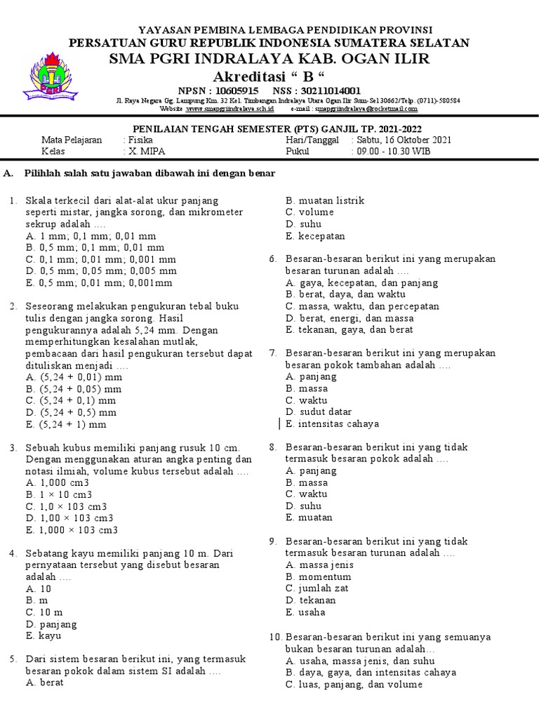 PTS Fisika Kelas X | PDF | Metode & Bahan Ajar