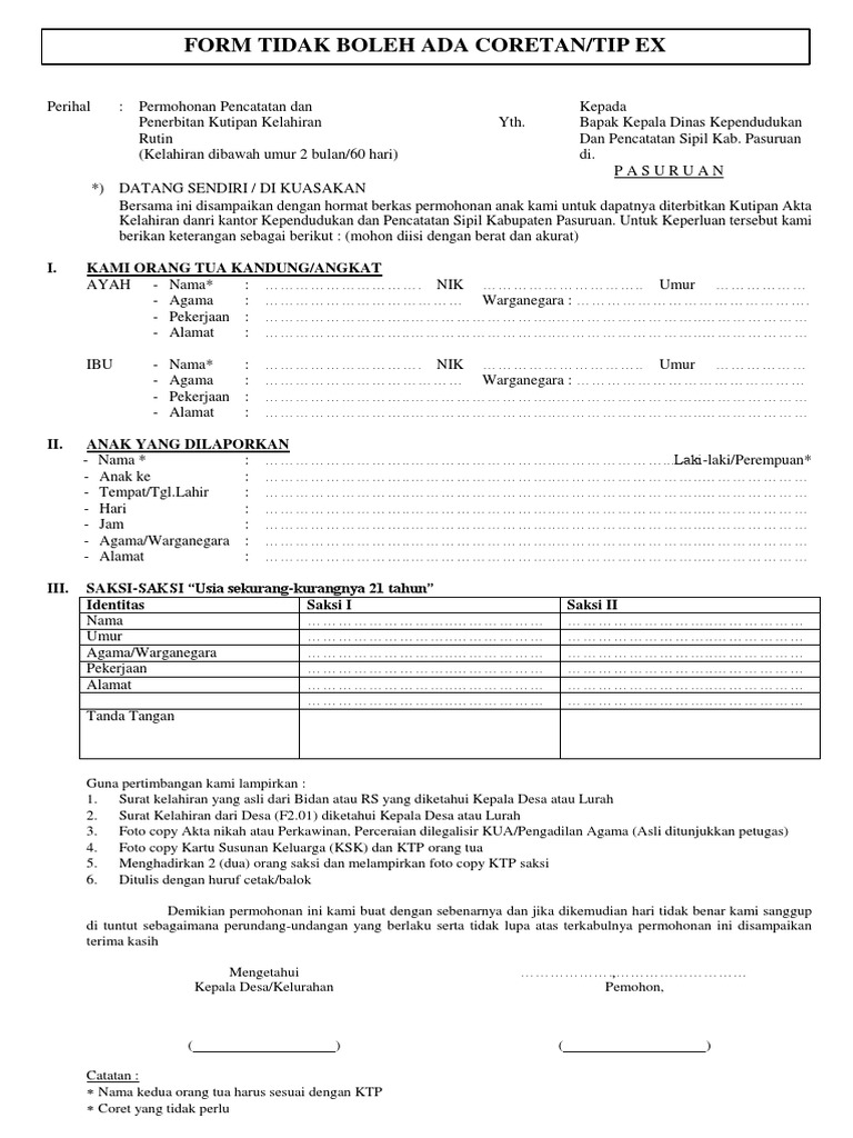 Formulir Akta Kelahiran Dibawah Dua Bulan | PDF