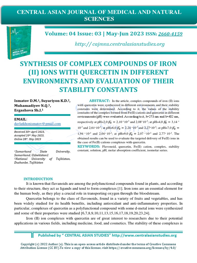 Synthesis of Complex Compounds of Iron (II) Ions With Quercetin in ...