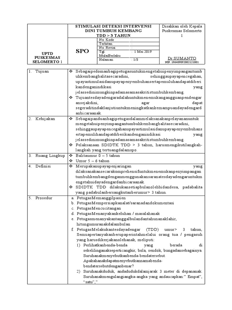 SOP SDIDTK TDD Lebih 3 Tahun | PDF