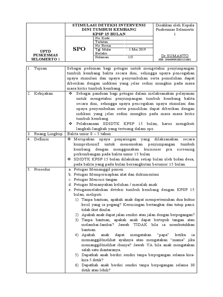 SOP SDIDTK KPSP 15 Bulan | PDF
