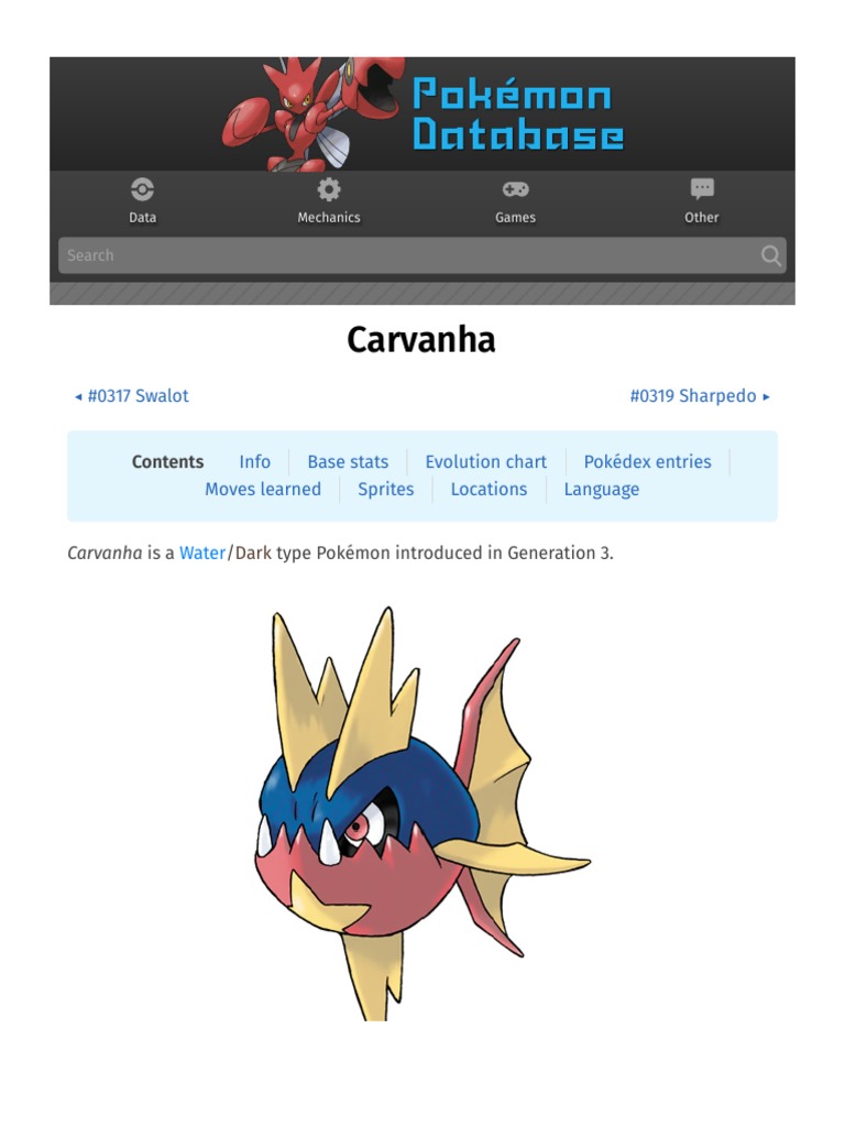 Carvanha Pokédex - Stats, Moves, Evolution & Locations - Pokémon Database | PDF | Video Games ...