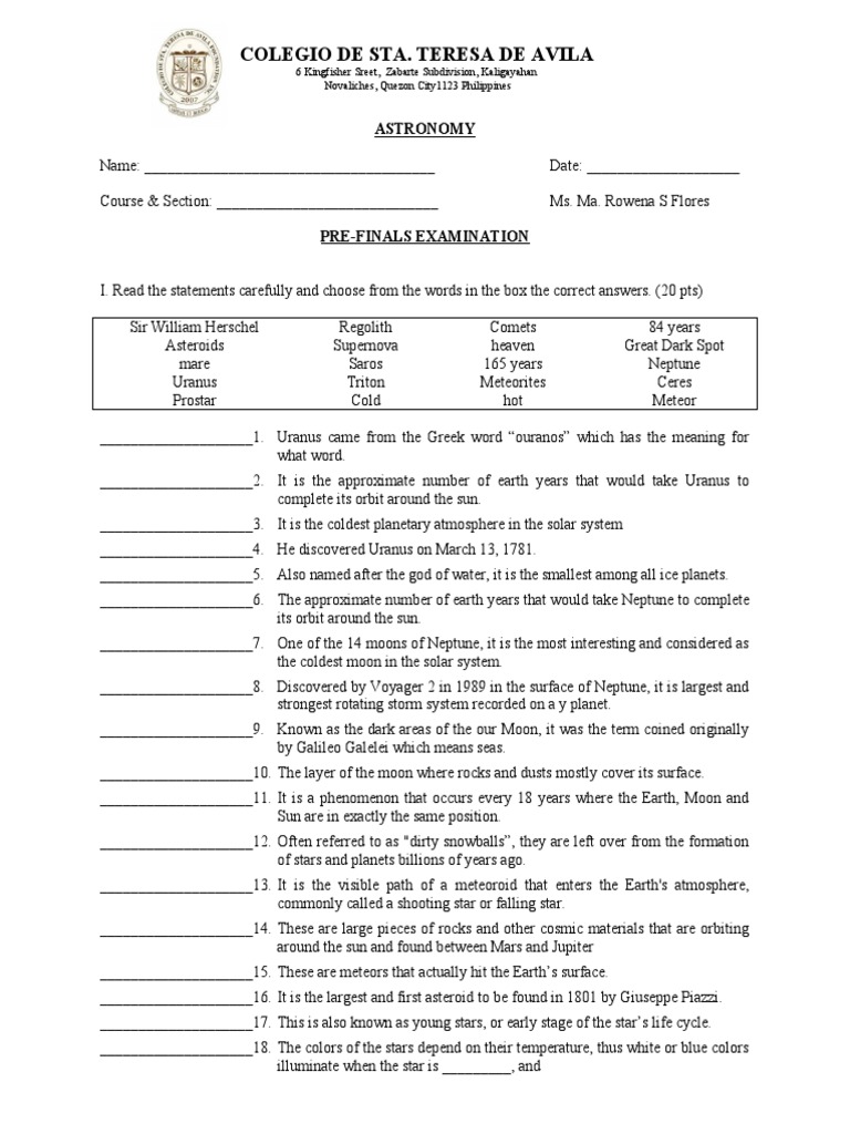Astronomy Pre-Finals Exam Questions | PDF | Moon | Uranus