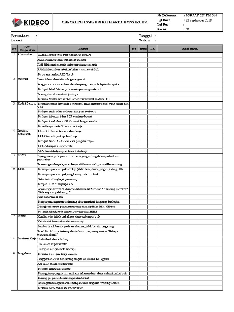 Sop - Saf-028-Fm-014 Form Inspeksi K3LH Konstruksi | PDF