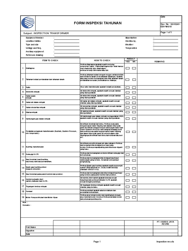 SOP - SAF-028-FM-010 FORM INSPEKSI PERALATAN LISTRIK (2) Rev 01 | PDF SOP - SAF-028-FM-010 FORM INSPEKSI PERALATAN LISTRIK (2) Rev 01 | PDF