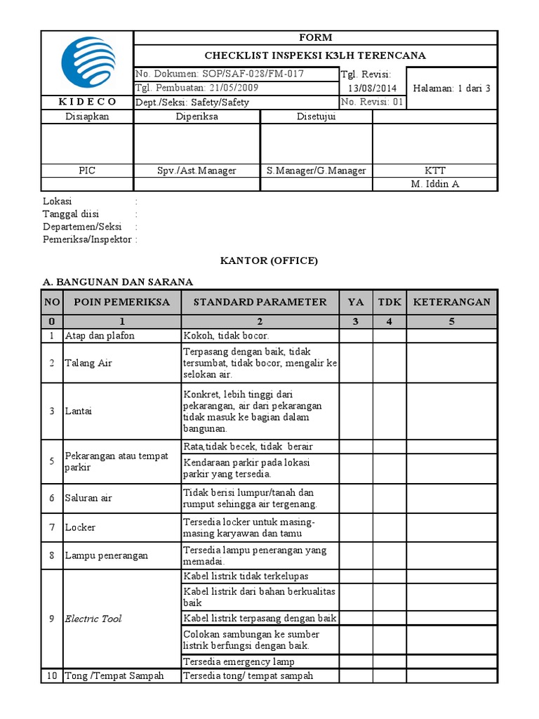 SOP - SAF-028-FM-017 FORM CHECKLIST INSPEKSI K3LH TERENCANA KANTOR Rev ... SOP - SAF-028-FM-017 FORM CHECKLIST INSPEKSI K3LH TERENCANA KANTOR Rev ...