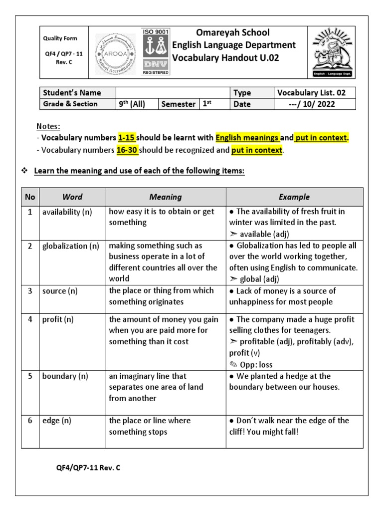 9th Grade English Vocabulary List | PDF | Vocabulary | Archaeology