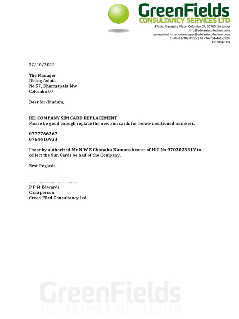 Sim Card Replacement Request for Dialog Axiata | PDF
