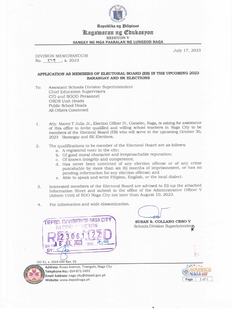 DM No. 179 S. 2023 Application As Members of Electoral Board EB in The ...