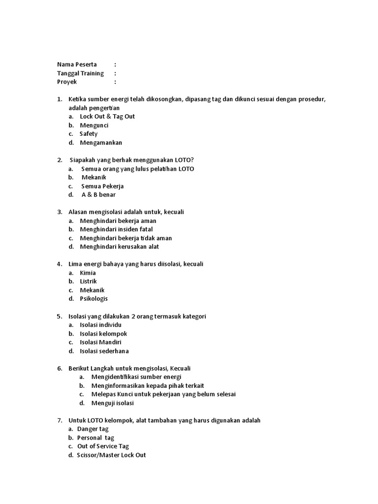 Post Test LOTO | PDF | Teknologi & Rekayasa