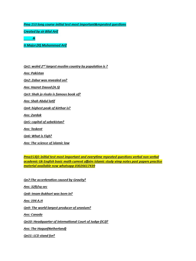 Pma 153Lc Past Papers Repeated Question | PDF