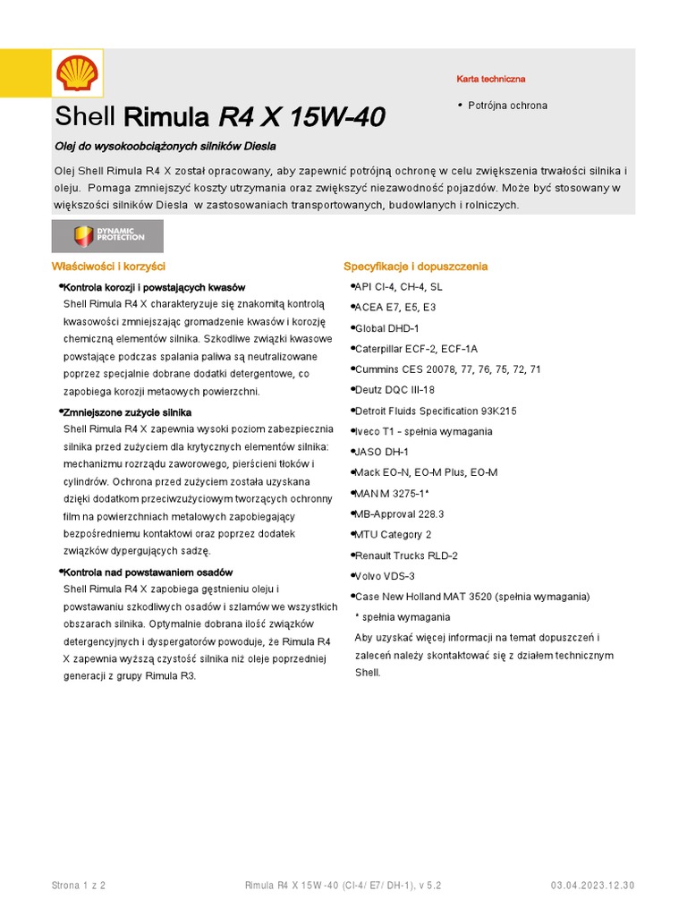 Shell Rimula R4 X 15-W40 - Karta Charakterystyki | PDF