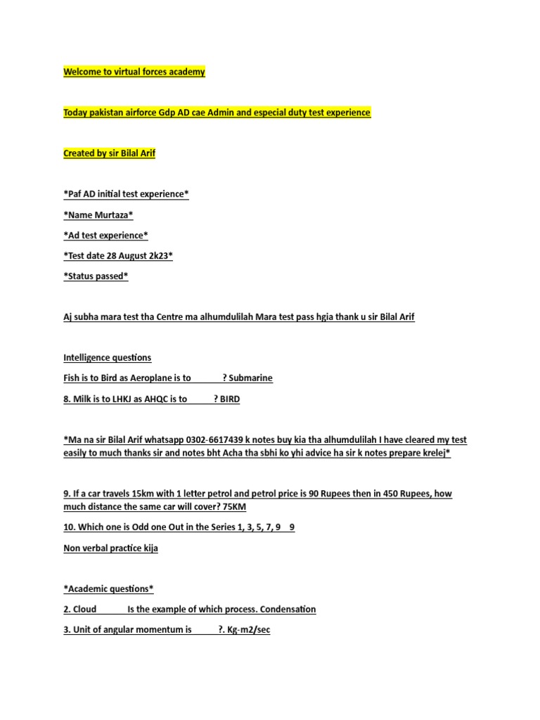 Paf Gdp&Cae AD A&SD Test Experiences 28 August 2023 | PDF | Physical ...