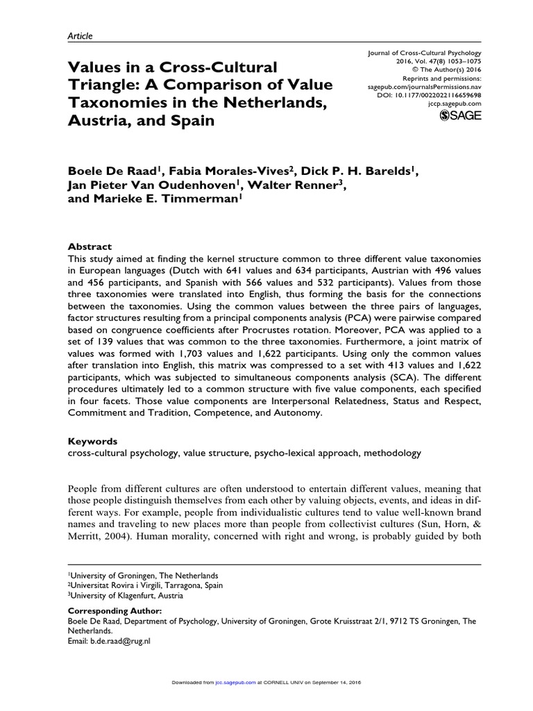 Values in A Cross-Cultural Triangle. A Comparison of Value Taxonomies ...