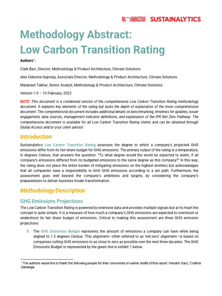 Sustainalytics - Low Carbon Transition Rating - Methodology Abstract | PDF | Greenhouse Gas ...