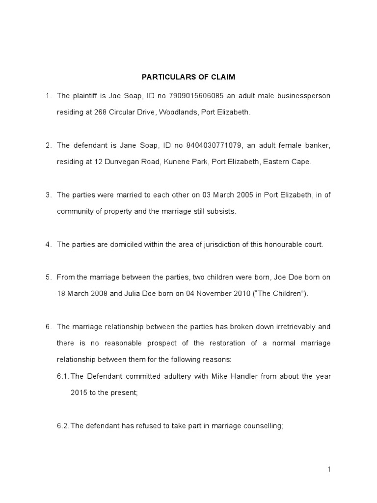 Particulars of Claim | PDF | Marriage | Civil Law (Legal System)
