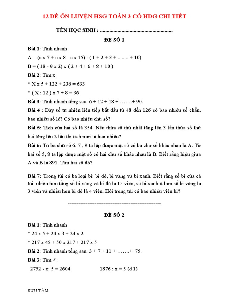 Cac de Luyen Thi Toan Lop 3 Co HDG Chi Tiet | PDF