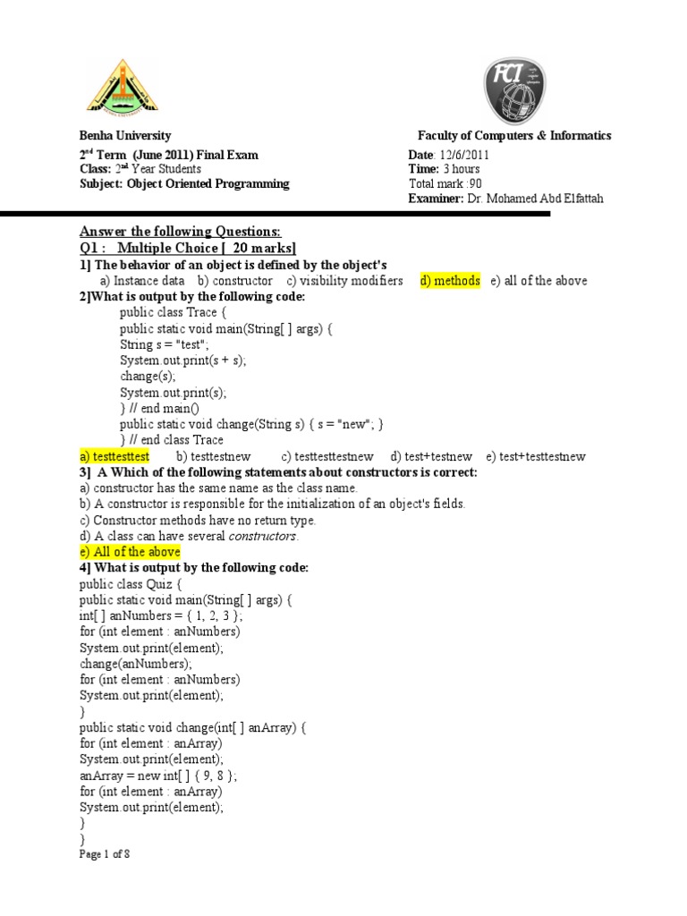 نموذج اجابة البرمجة الشيئية ثانية حاسبات | PDF | Inheritance (Object Oriented Programming ...