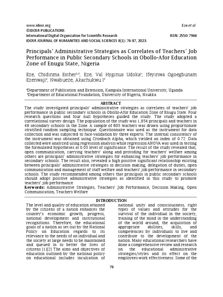 Principals' Strategies and Teacher Performance | PDF | Statistical ...