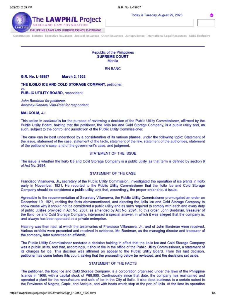 G.R. No. L-19857 The Iloilo Ice and Cold Storage Vs PUB | PDF
