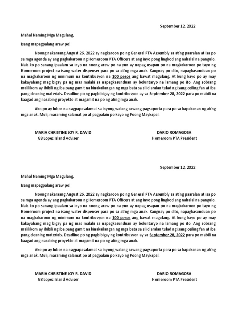 Letter To Parent Homeroom Project | PDF