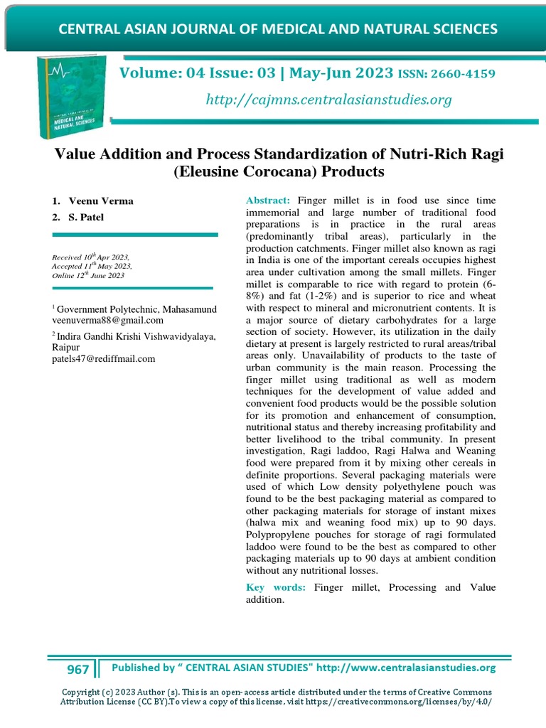 Value Addition and Process Standardization of Nutri-Rich Ragi (Eleusine ...