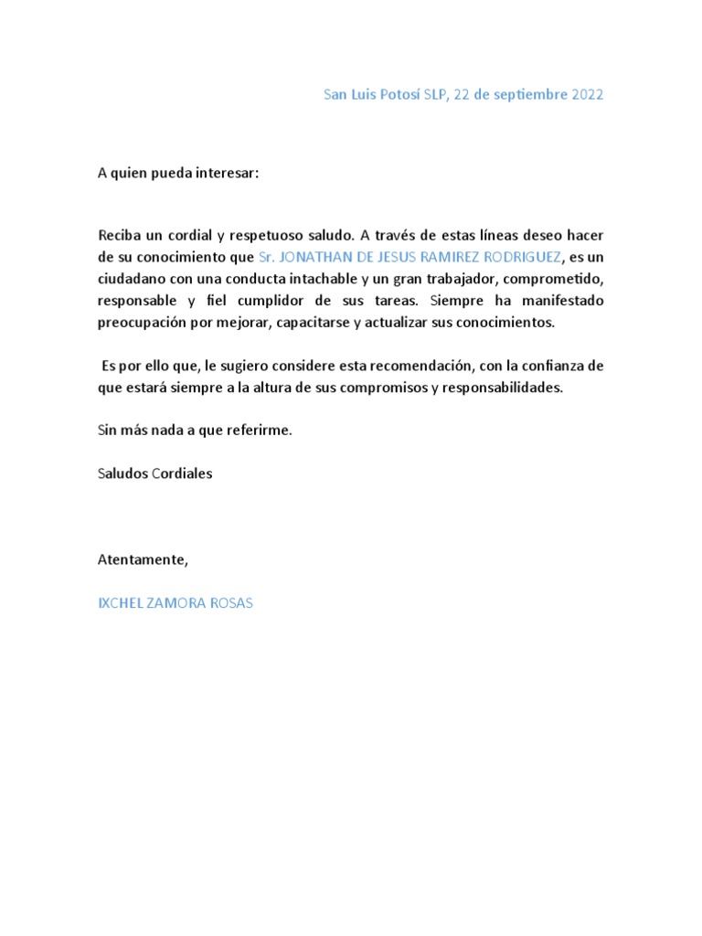 Carta de recomendación personal para Jonathan | PDF