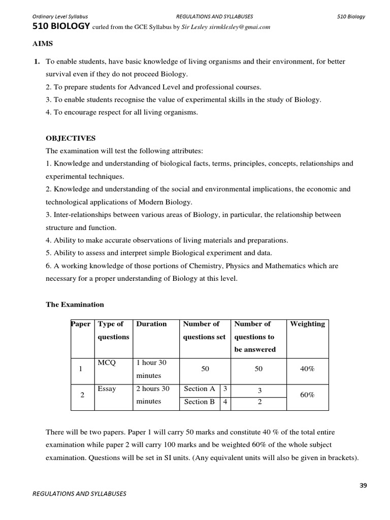 O-Level Biology Exam Syllabus | PDF | Dominance (Genetics) | Blood