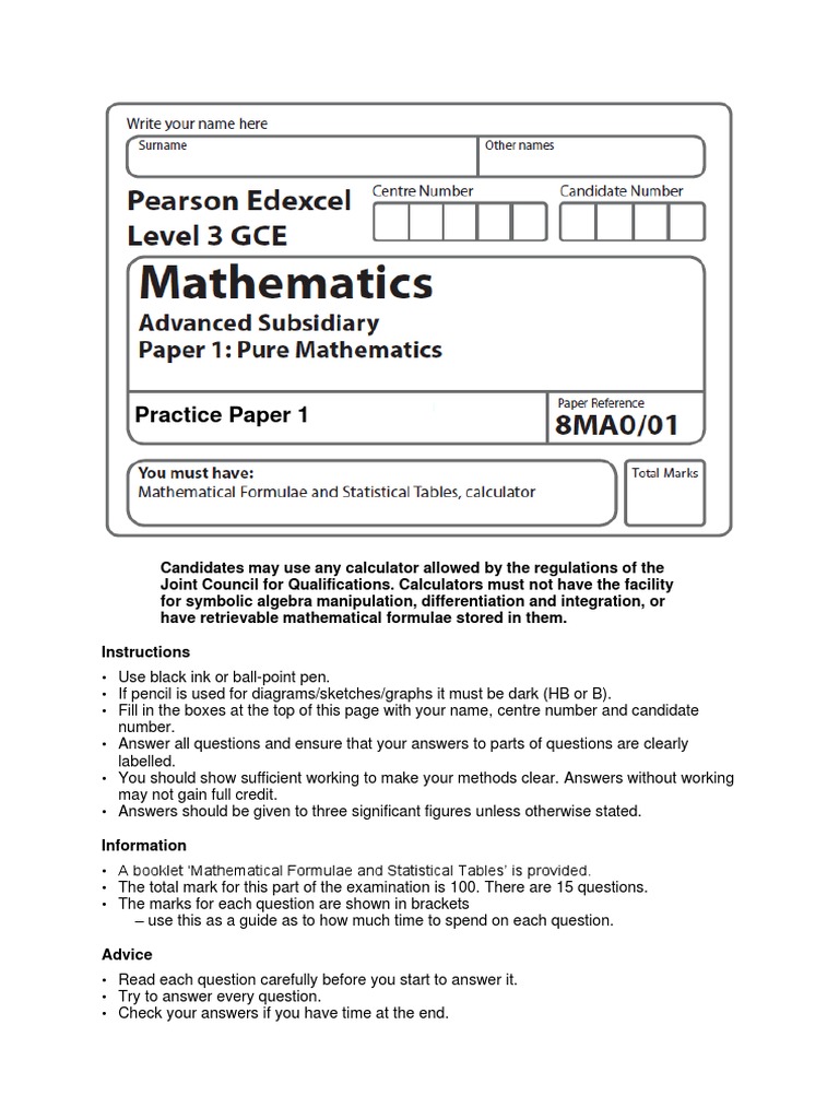 8MA0-01 AS Pure Mathematics - Practice Paper 1 | PDF | Circle | Equations