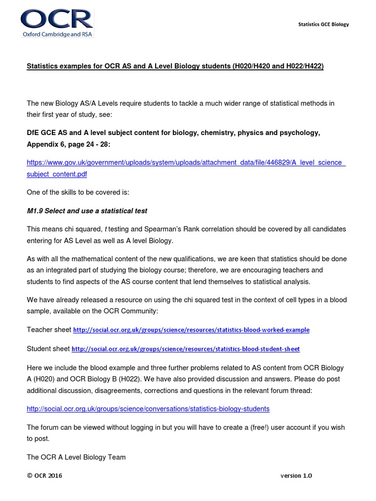 Statistics Examples For Ocr As and A Level Biology | PDF | Statistical ...