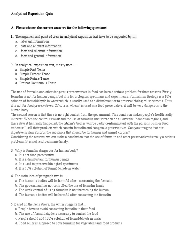 Analytical Exposition Quiz and Worksheet | PDF | Formaldehyde | Online ...