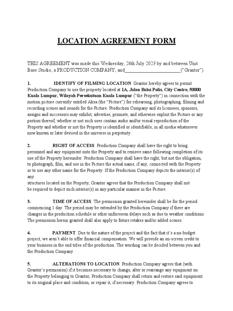 Location Agreement Form | PDF | Indemnity | Government