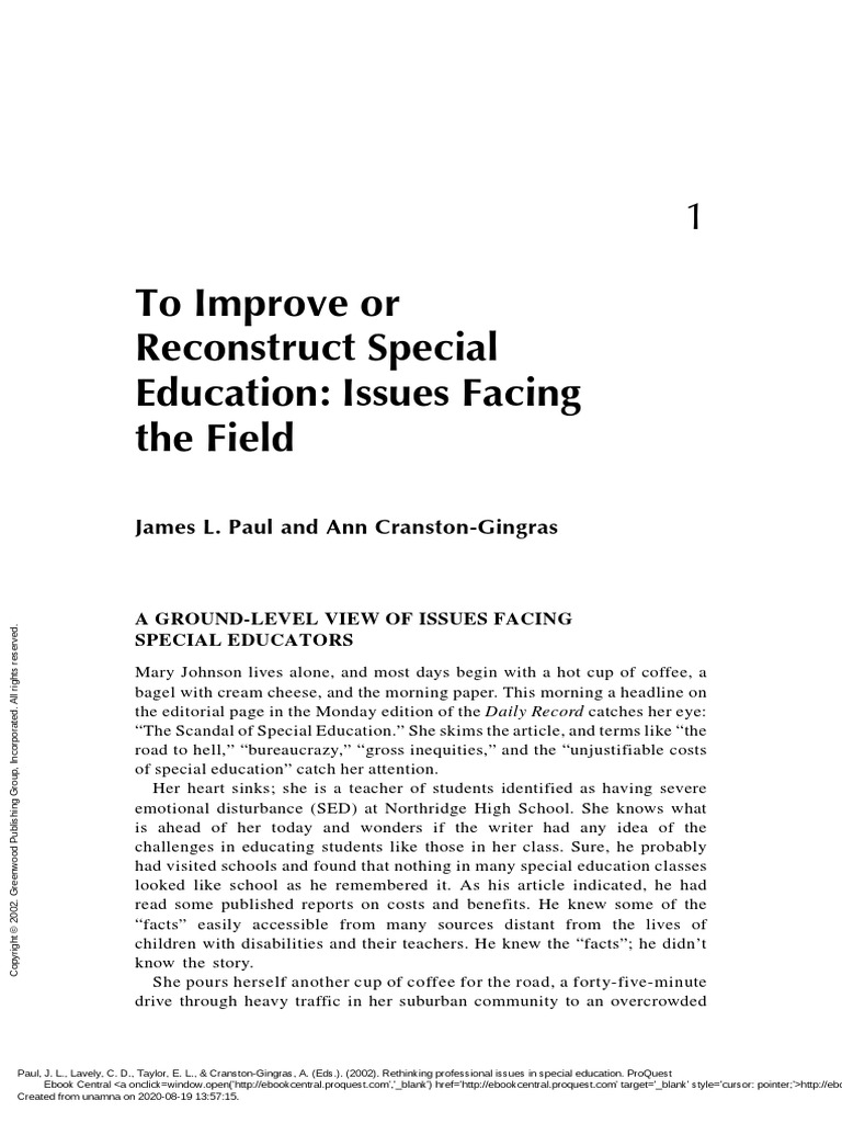 Rethinking Professional Issues in Special Educatio... - (1 To Improve or Reconstruct Special ...