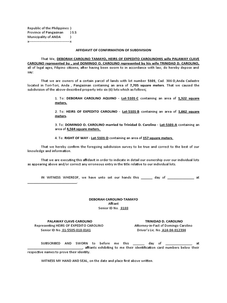 Affidavit of Confirmation of Subdivision | PDF | Affidavit | Legal ...