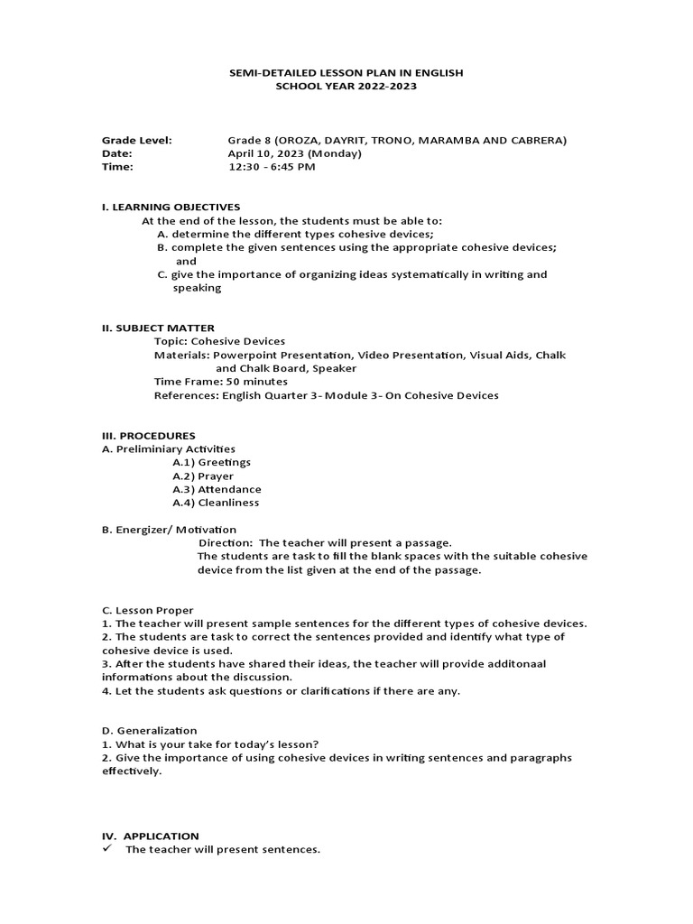 Cohesive-Devices LP | PDF | Lesson Plan | Communication