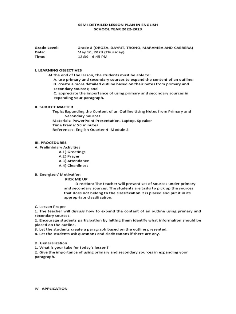 Expanding An Outline LP | PDF | Teachers | Lesson Plan