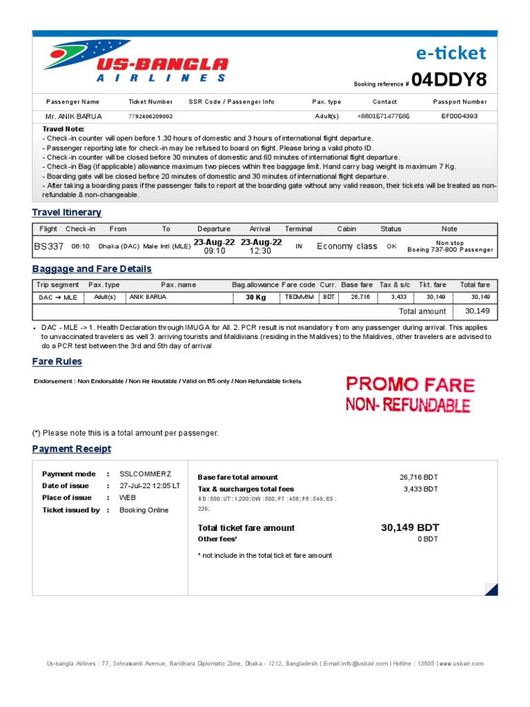 E-Ticket For Dac-Mle - Anik Barua | PDF | Credit Card | Debit Card
