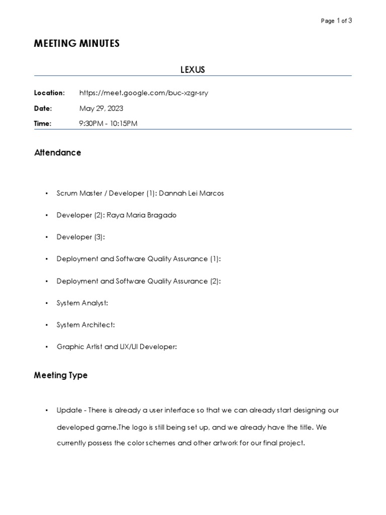 Lexus Game Design Meeting Minutes | PDF | User Interface | Computer Science